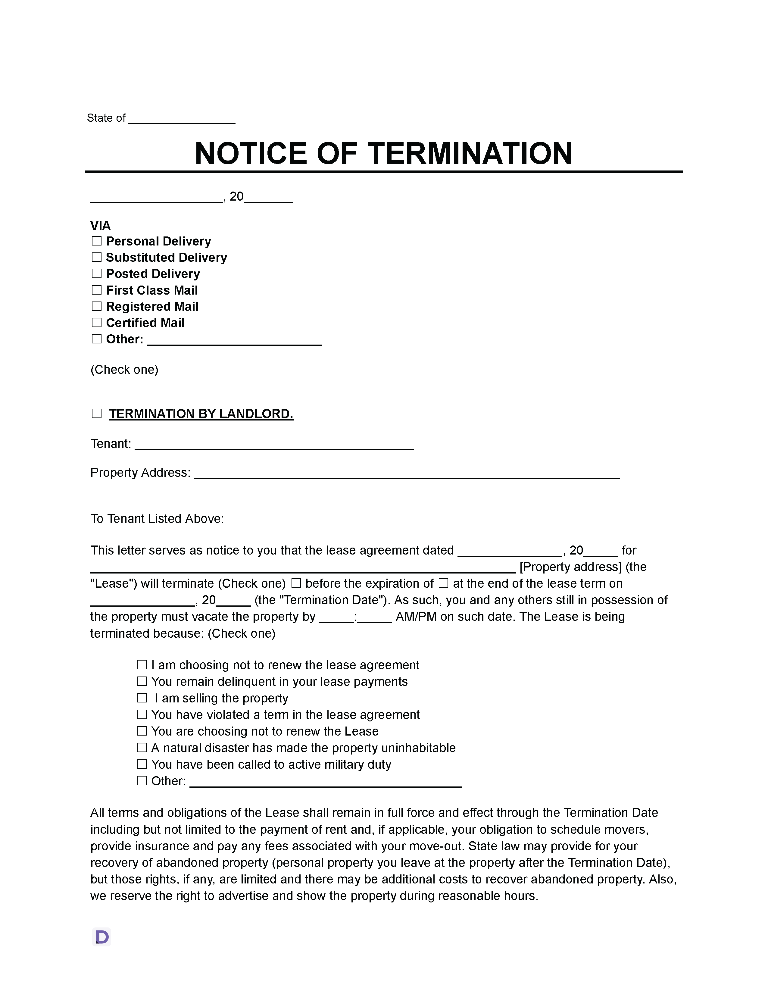 Free Lease Termination Letter Template | Document Genius