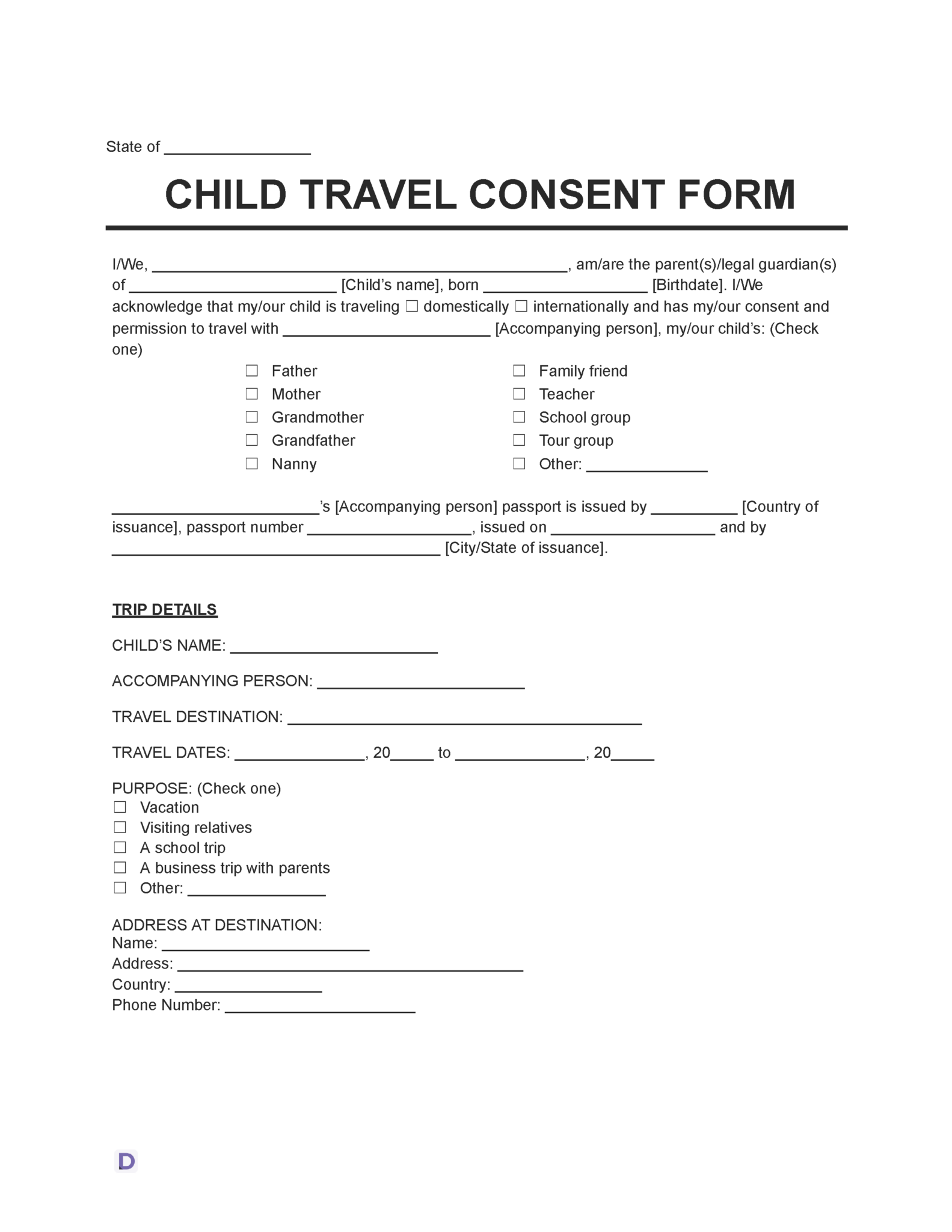 Free Child Travel Consent Form | PDF & Word | Document Genius