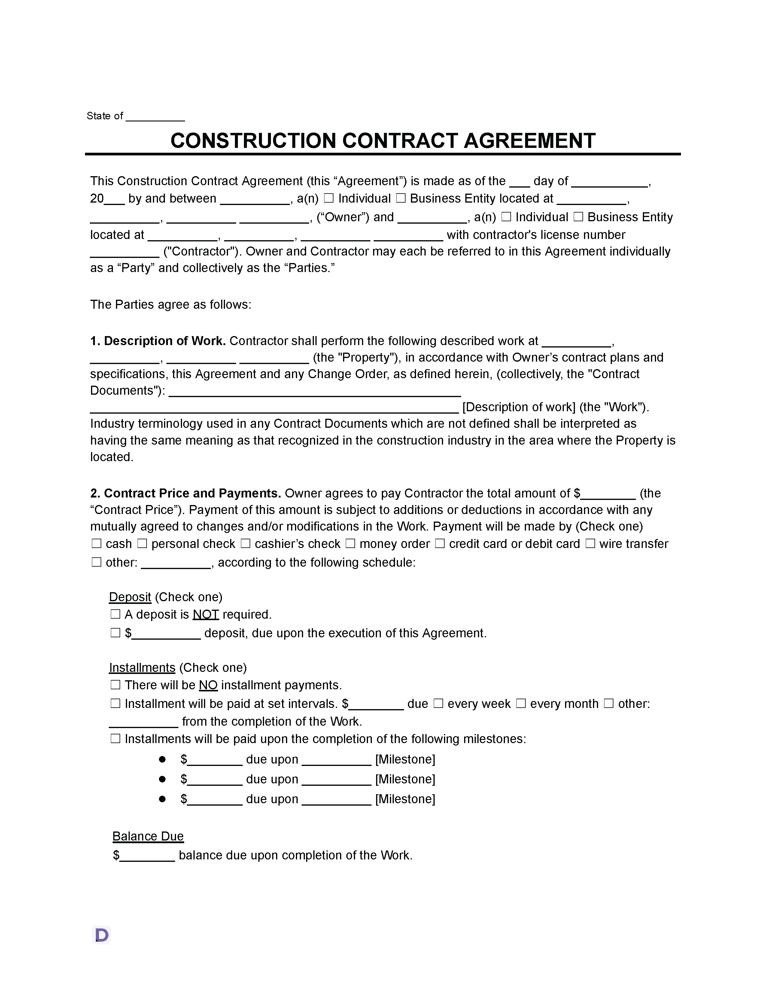 Free Construction Contract Template | Word & PDF Download
