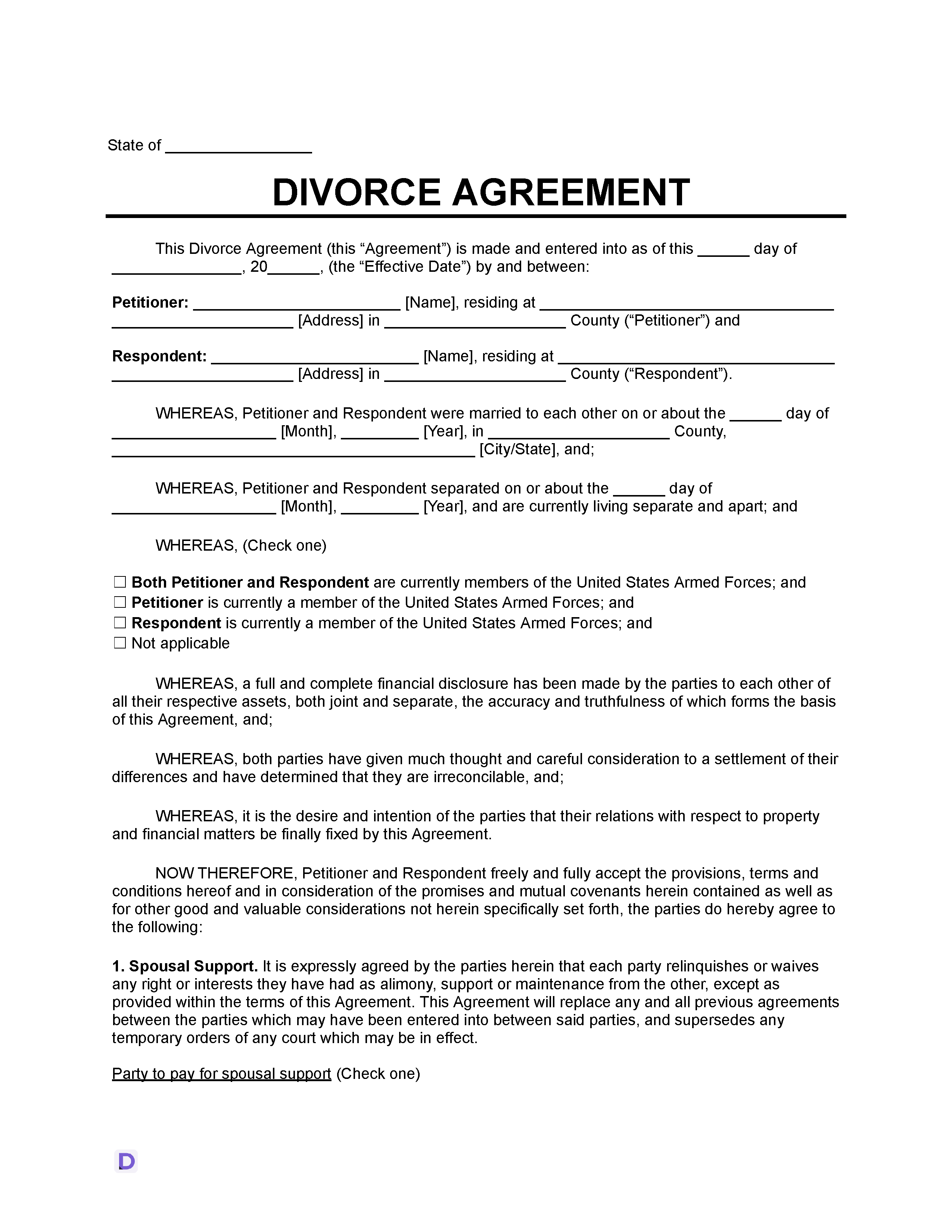 Free Divorce Agreement Template | Fill Online | Document Genius