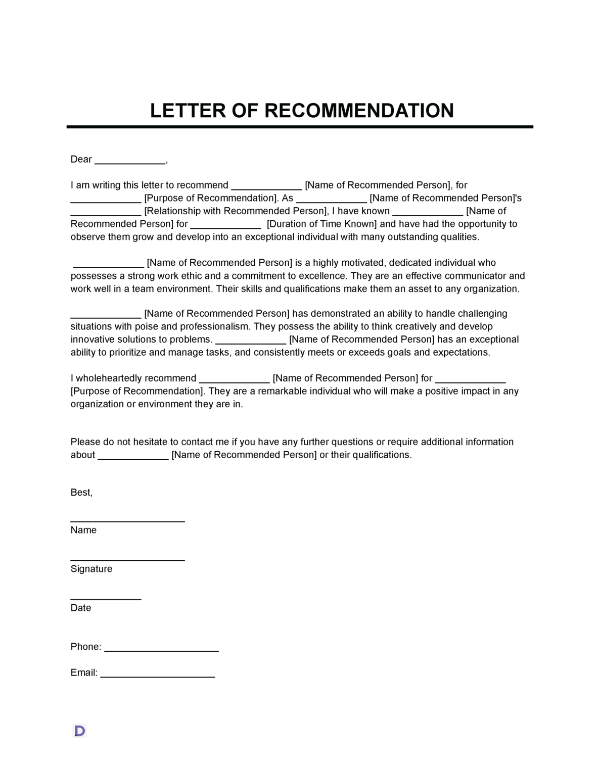Free Letter of Recommendation Template | Document Genius