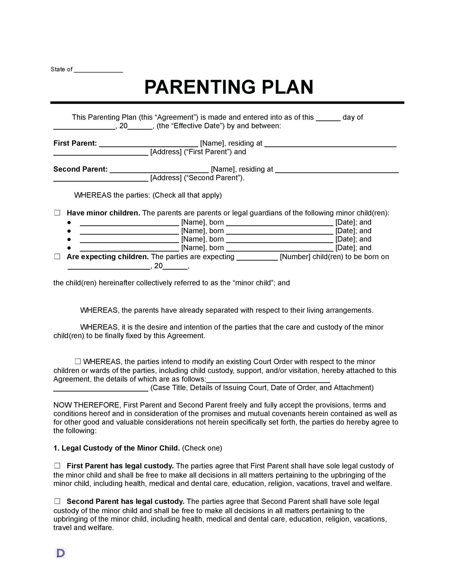 Free Parenting Plan Template | Fill Online | Document Genius