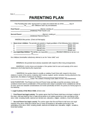 Free Parenting Plan Template | Fill Online | Document Genius