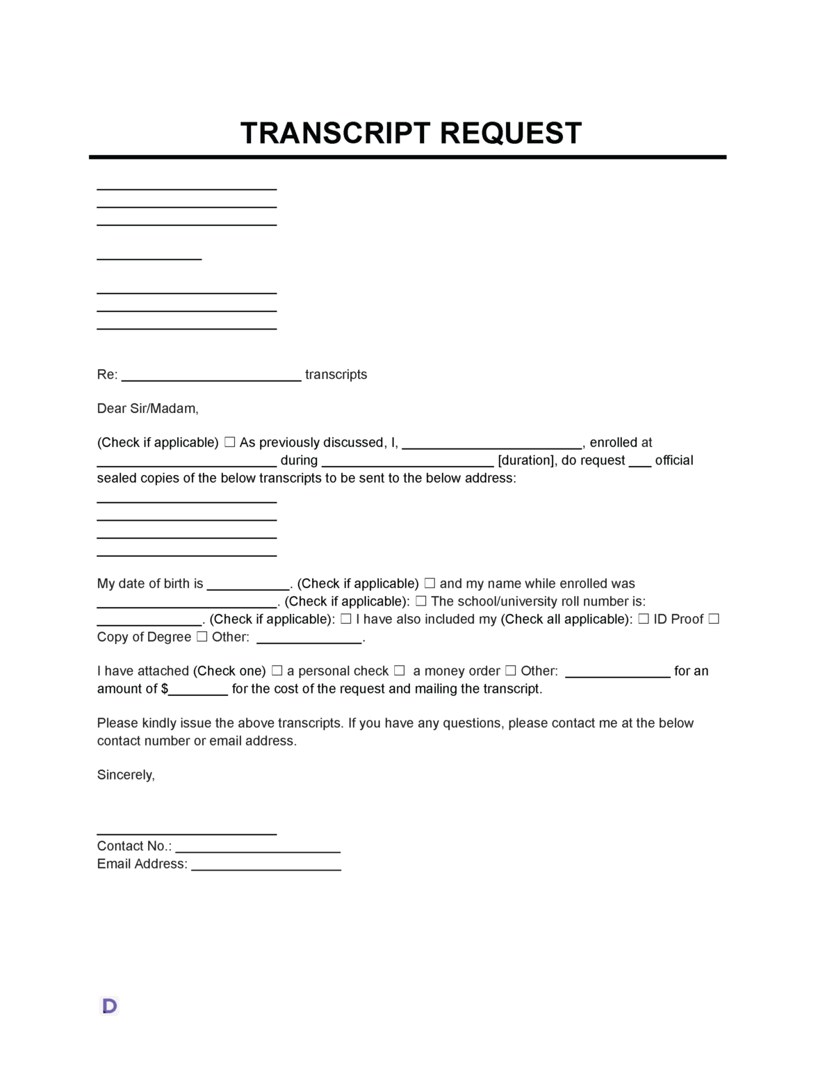Free Transcript Request Form Template | Document Genius