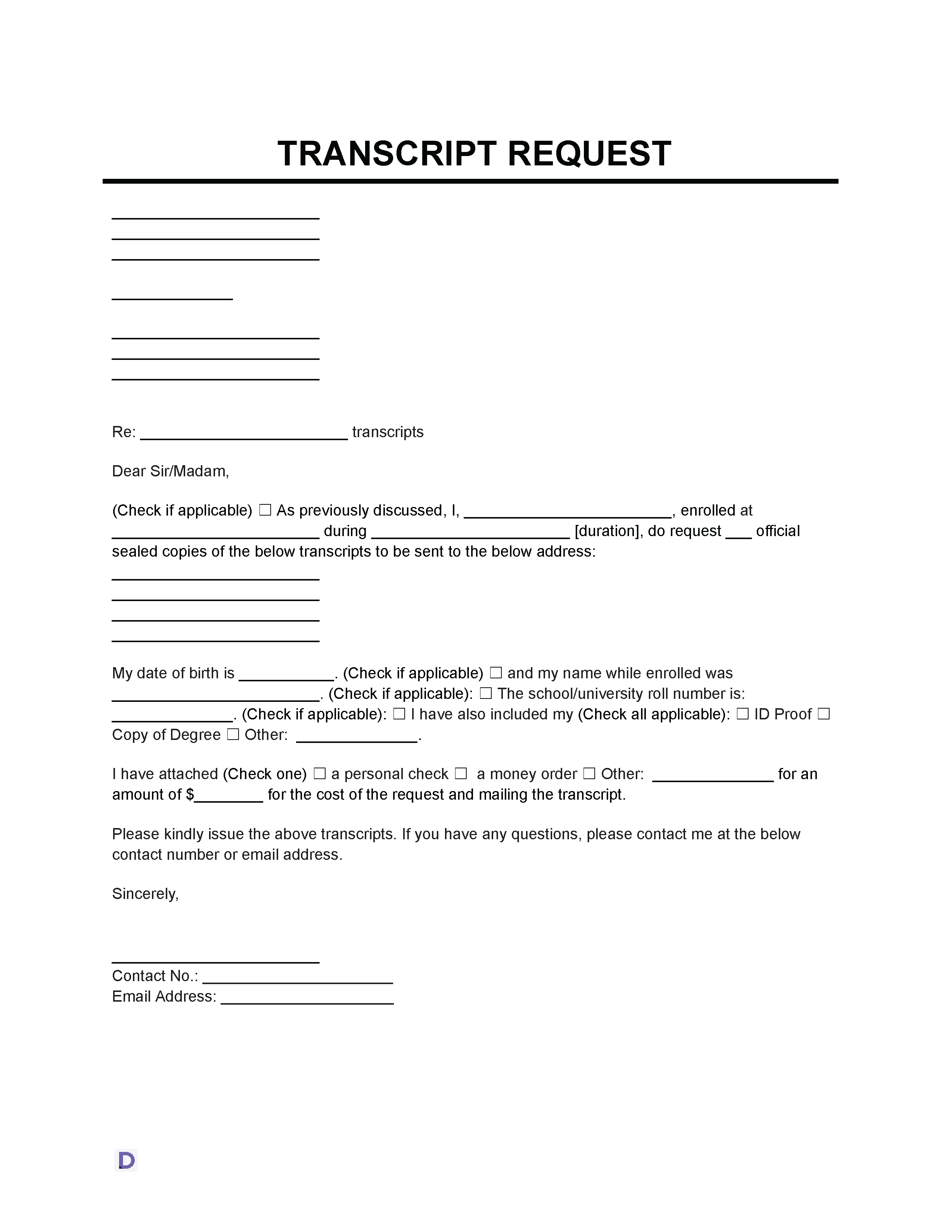 Free Transcript Request Form Template | Document Genius
