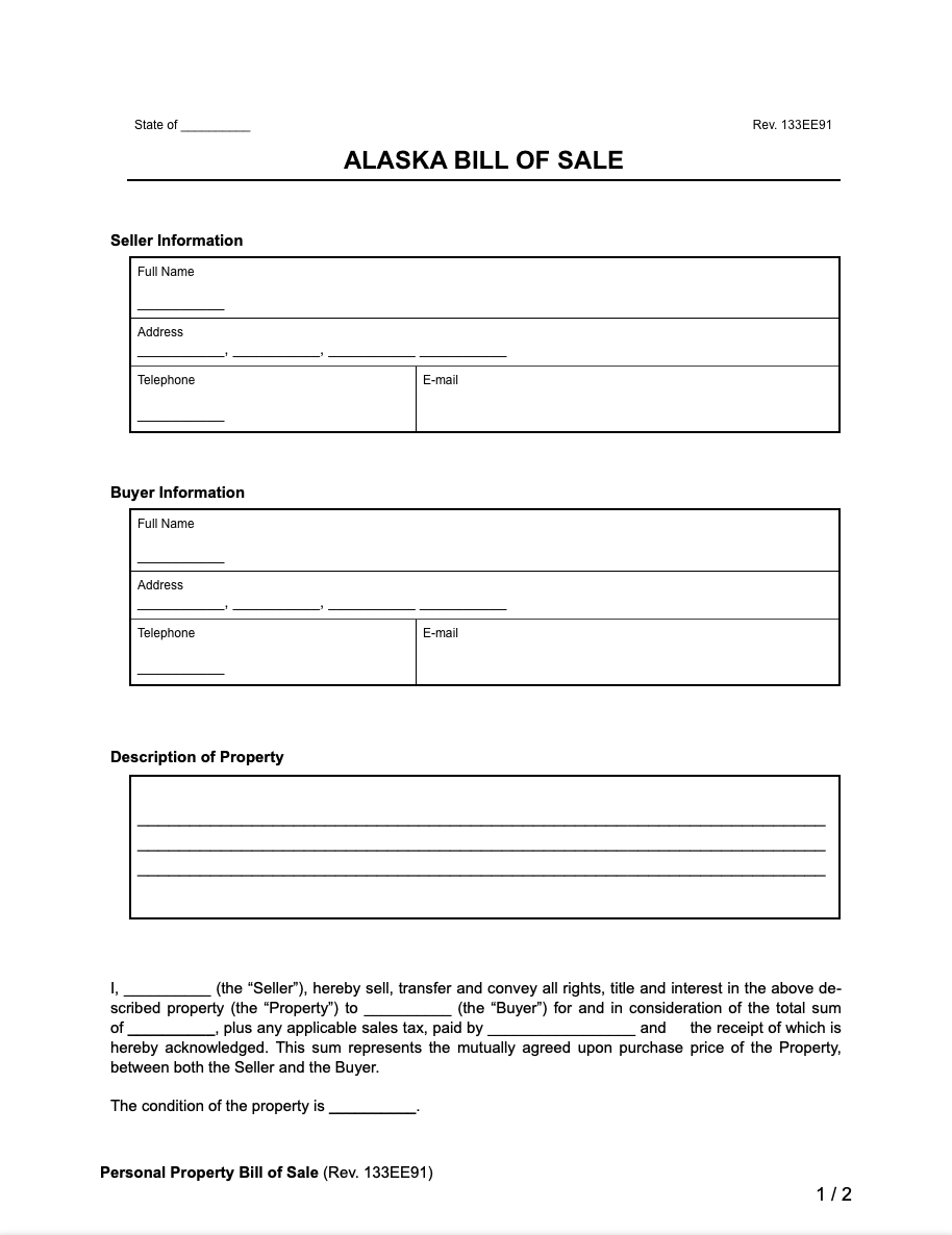 Free Alaska Bill of Sale Form | Document Genius