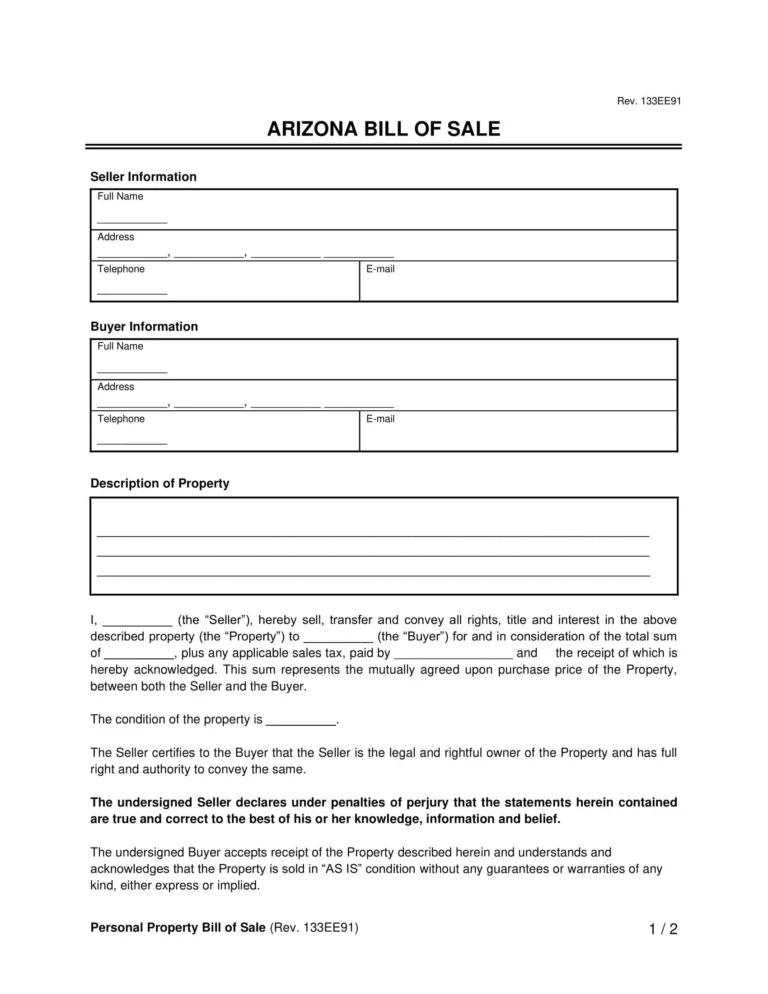Free Arizona Bill of Sale Form | Document Genius