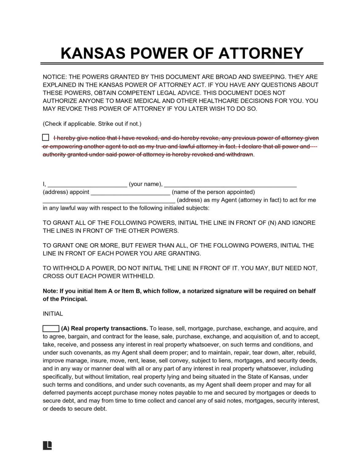 Free Kansas Power of Attorney Form | Document Genius