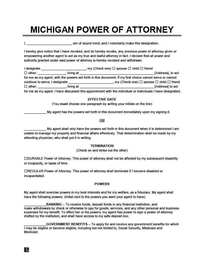 Free Michigan Power of Attorney Form | Document Genius