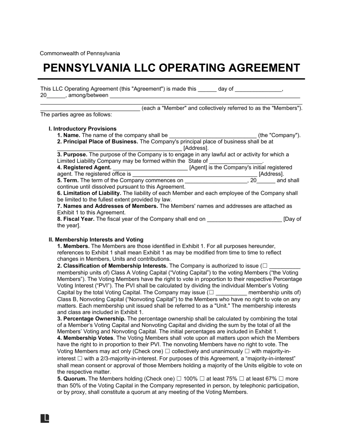 Free Pennsylvania LLC Operating Agreement Template | Document Genius